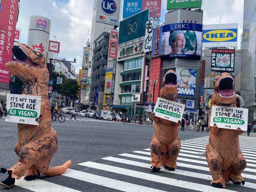 PETA ‘Dinosaurs’ on Shibuya Crossing in Tokyo, Japan say 'Go Vegan'
